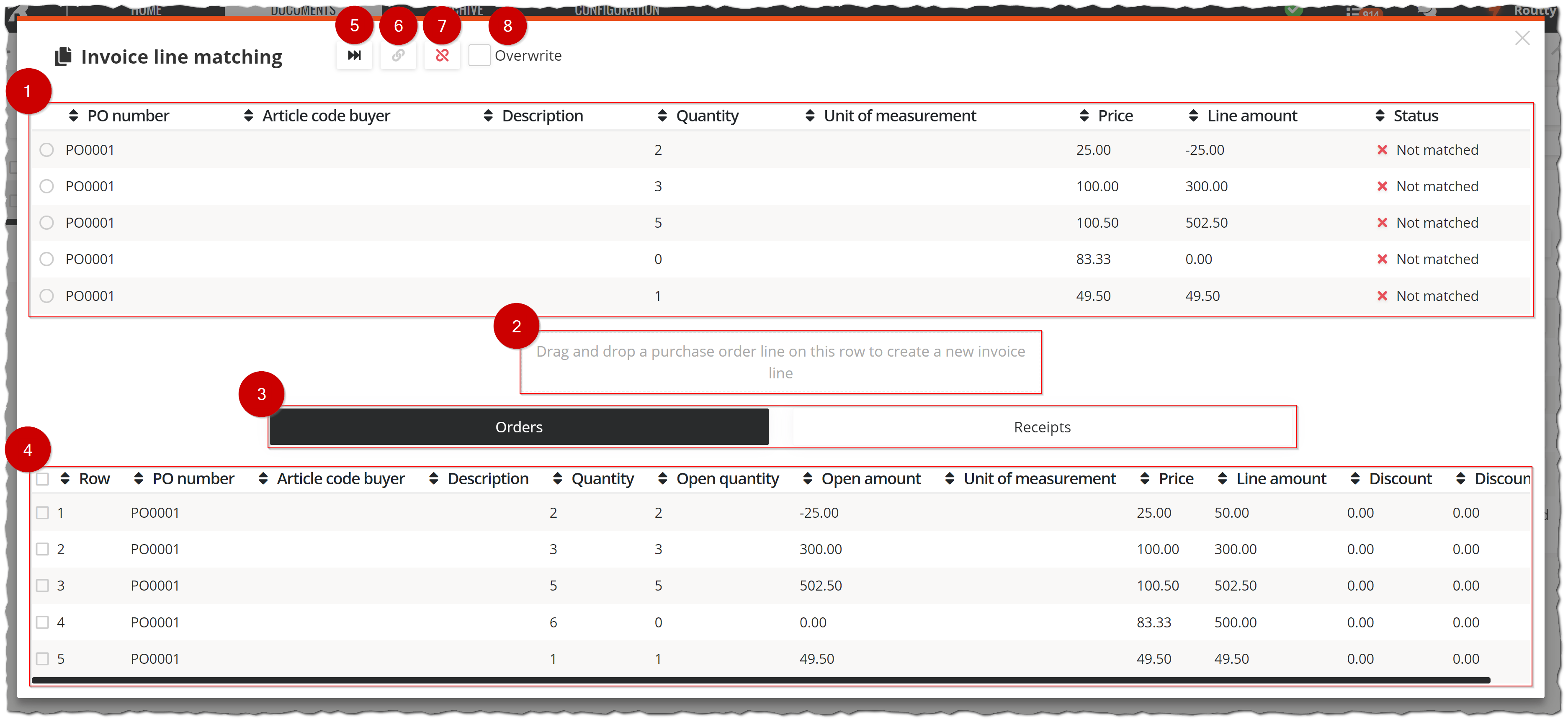 Manual matching of invoices